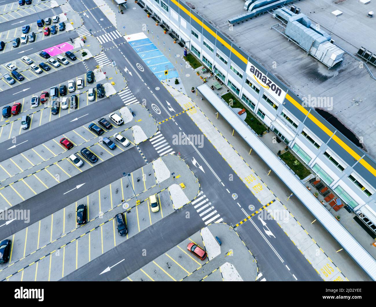 Aerial view of Amazon warehouse located at industrial zone in Sosnowiec ...