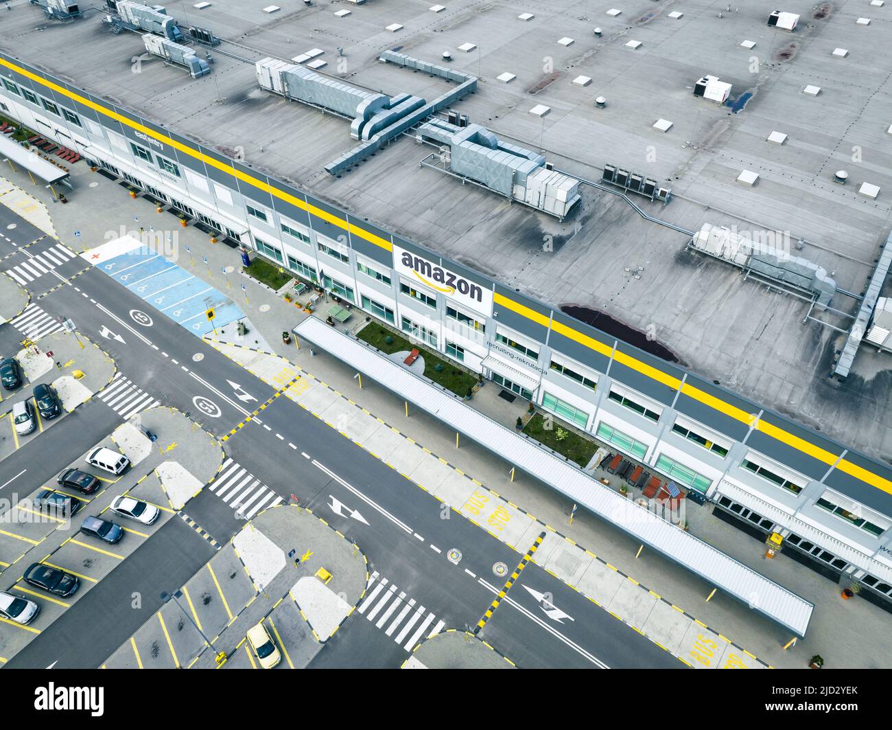 Aerial view of Amazon warehouse located at industrial zone in Sosnowiec ...