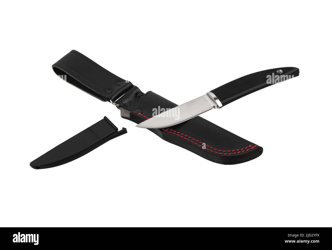 Modern hunting knife with silver blade and rubber handle. Steel arms ...