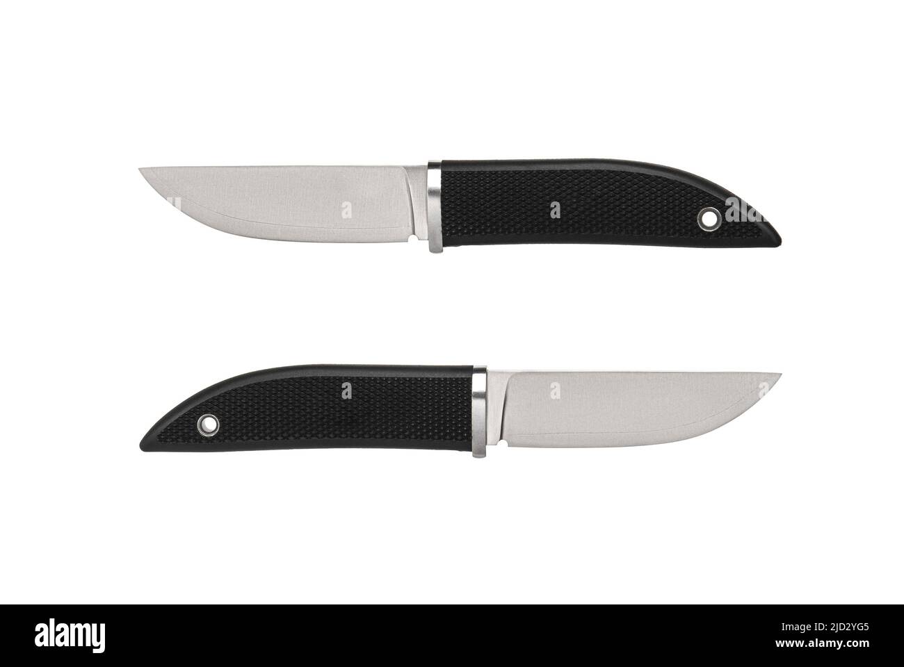 Modern hunting knife with silver blade and rubber handle. Steel arms ...