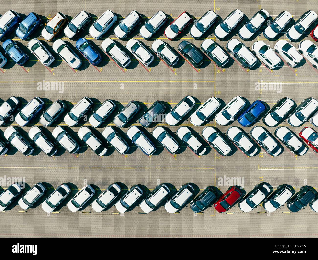 Aerial view new car lined up in the port for import and export business ...