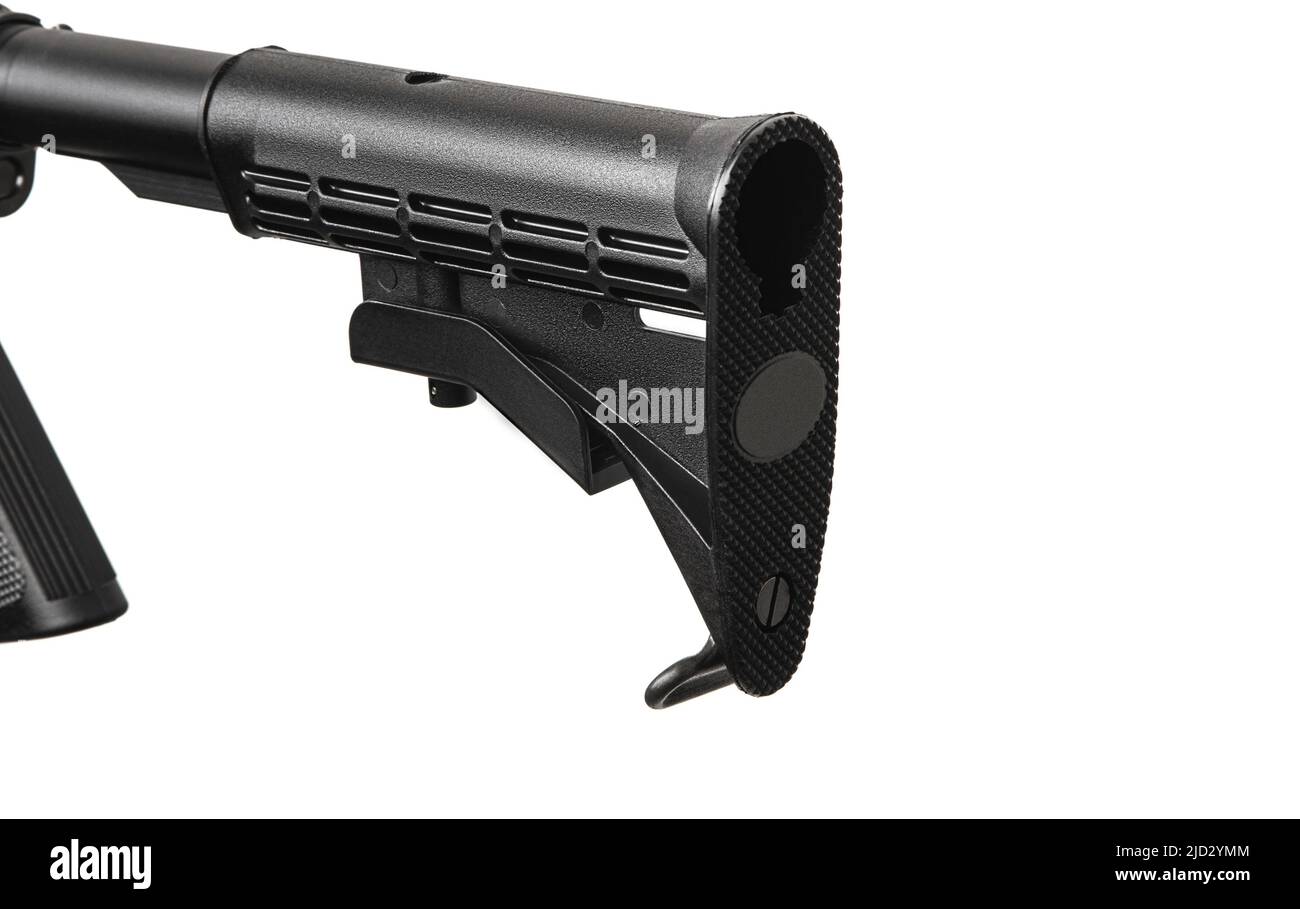 Close-up of the butt of an automatic carbine. Modern automatic rifle ...