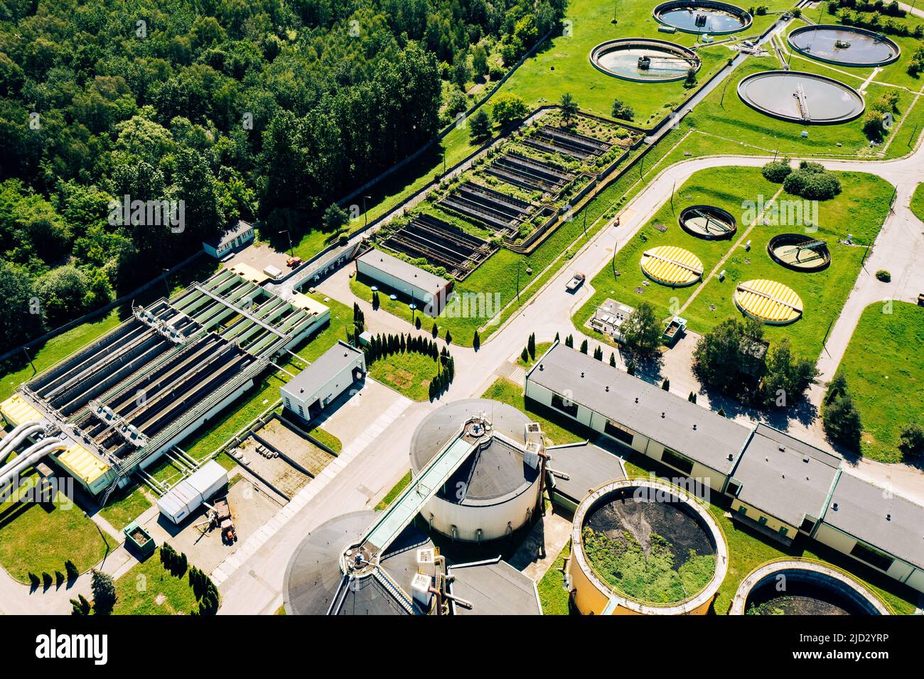 Sewage farm. Aerial photo looking down onto the clarifying tanks and ...