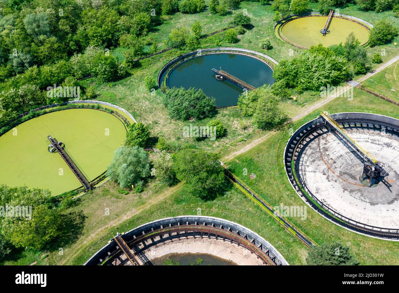 Sewage farm. Aerial photo looking down onto the clarifying tanks and ...