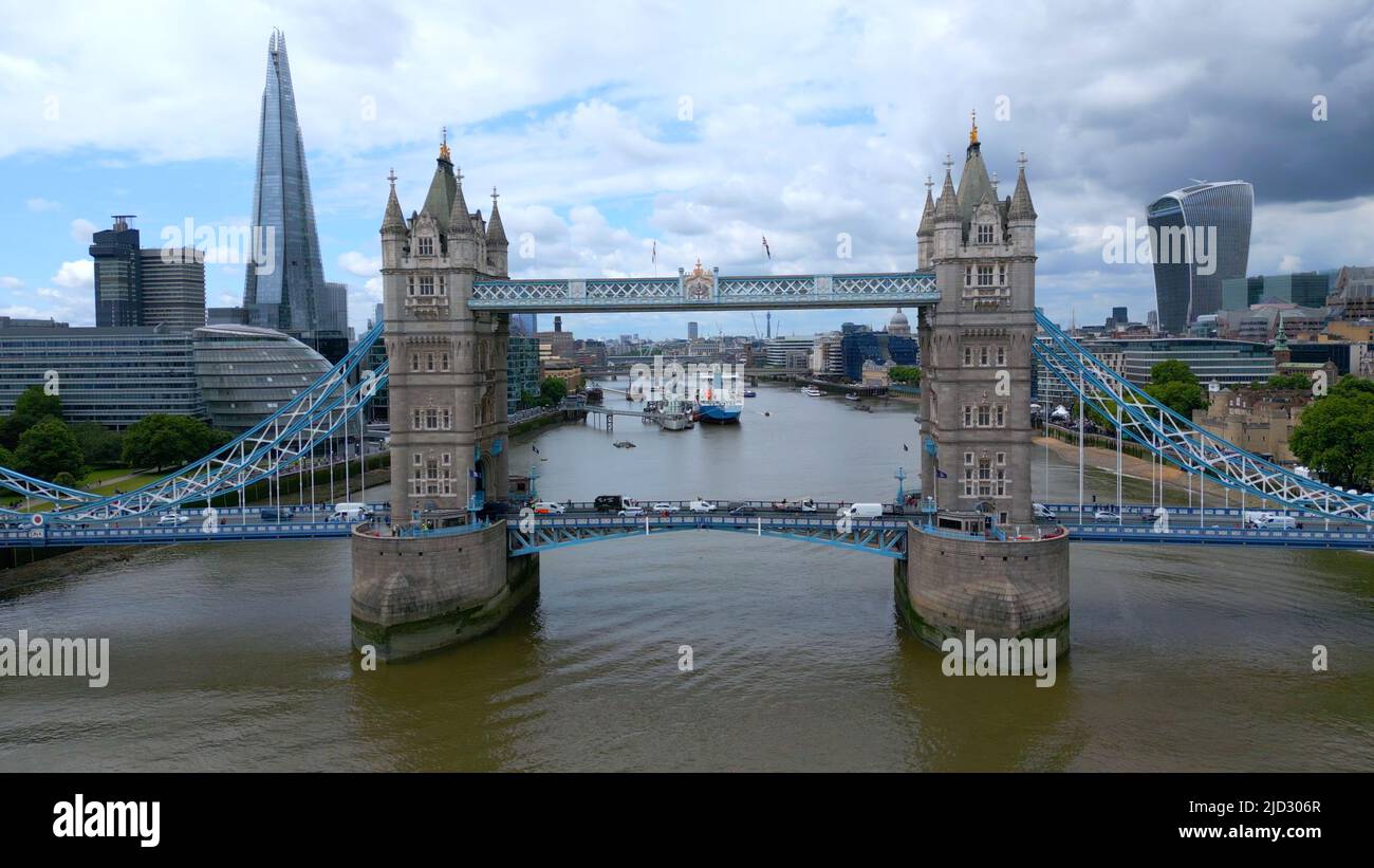 London Tower Bridge, River Thames and City of London from above Stock ...