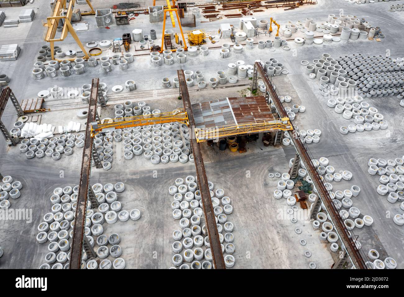 Industrial Storage Place of Round Concrete Elements. Aerial View of ...