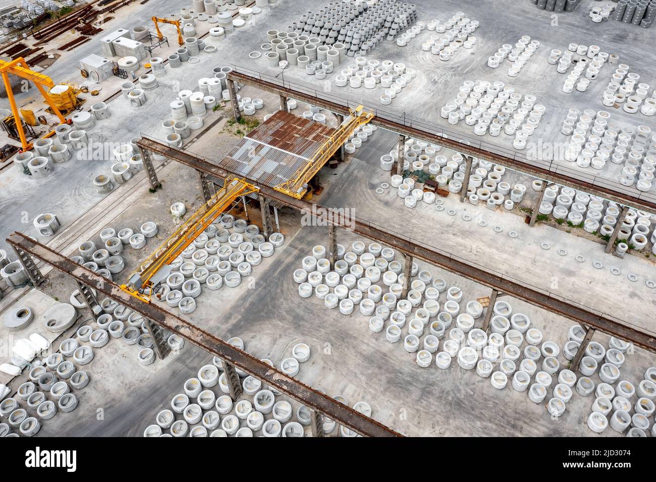 Industrial Storage Place of Round Concrete Elements. Aerial View of ...