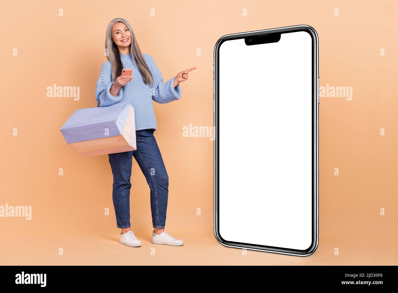 Photo of modern senior grandmother buy clothes online promote banner ...