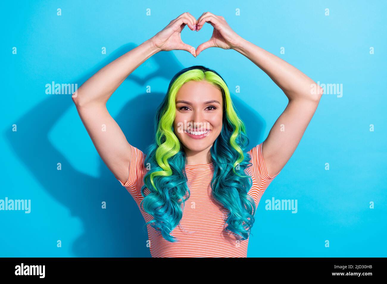 Photo of adorable charming young lady express her feelings emotions to ...