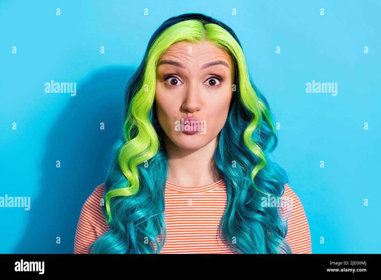 Photo of young pretty female go on date with boyfriend pout lips to ...