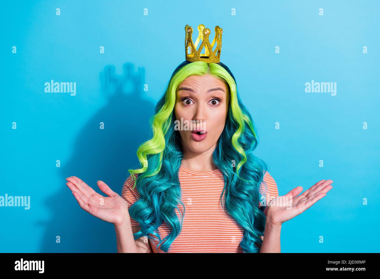 Photo of young adorable lady go graduation party receive golden crown ...