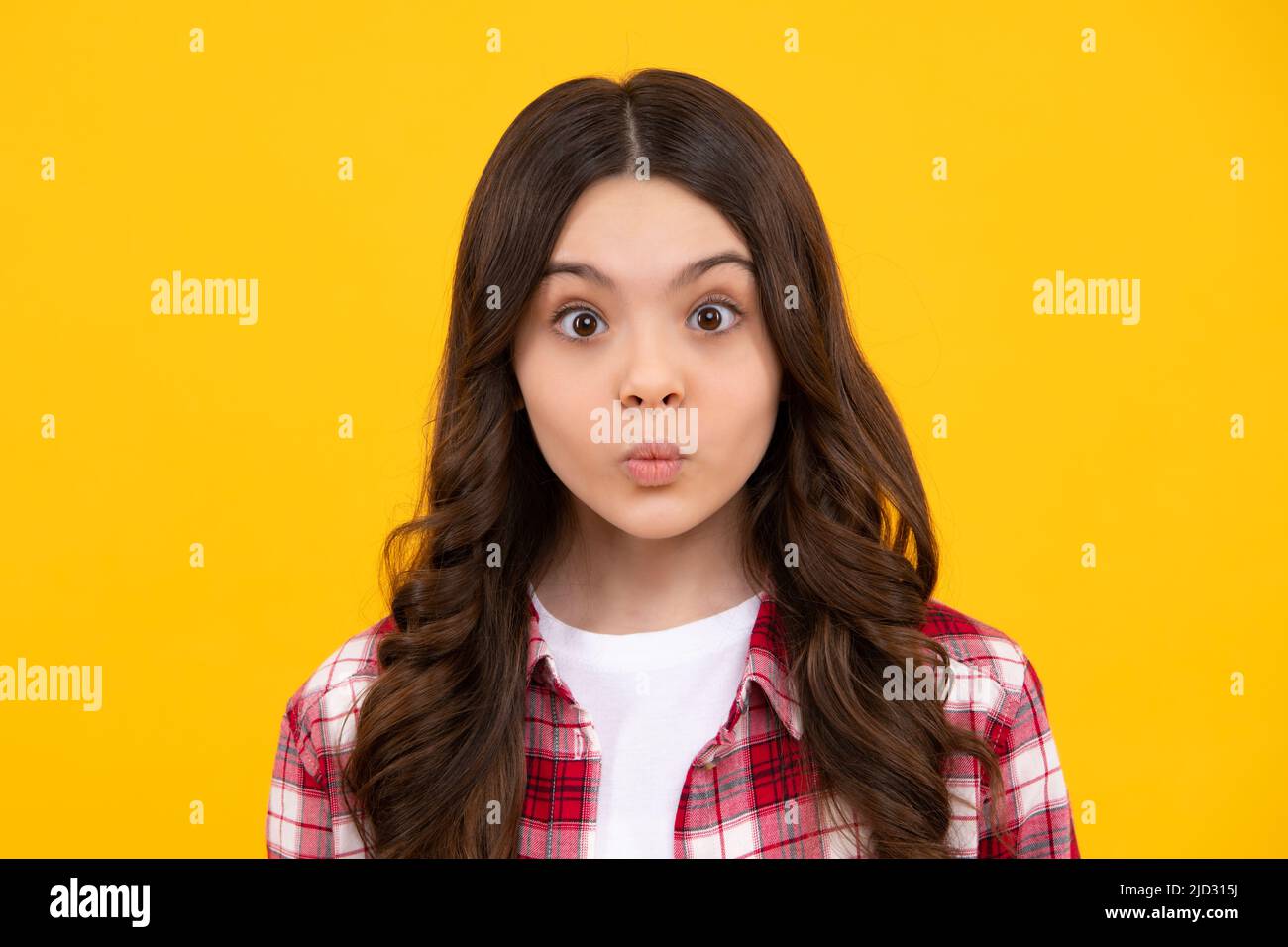 Funny face. Headshot portrait of teenager child girl isolated on studio ...