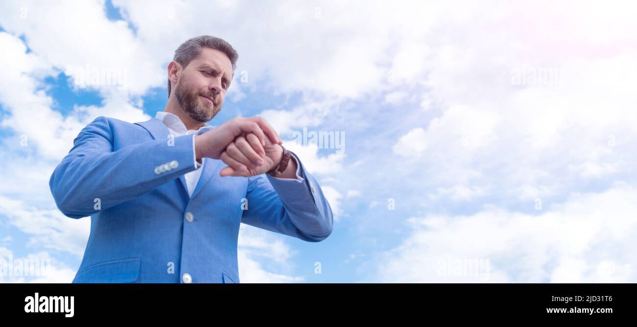 Man face portrait, banner with copy space. Business man in suit, blue ...