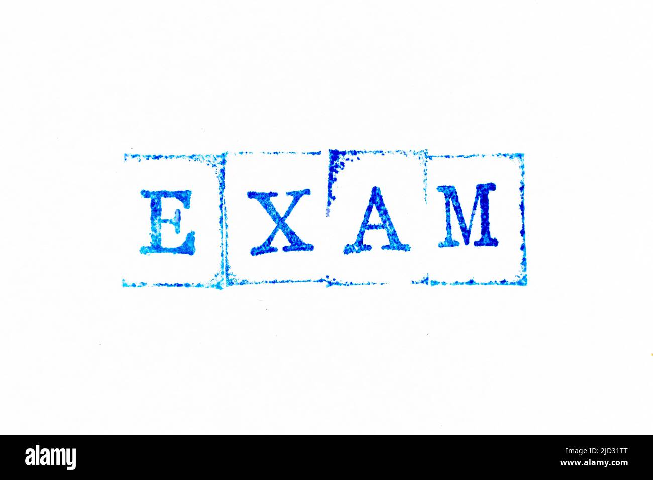 Blue color ink rubber stamp in word exam on white paper background ...