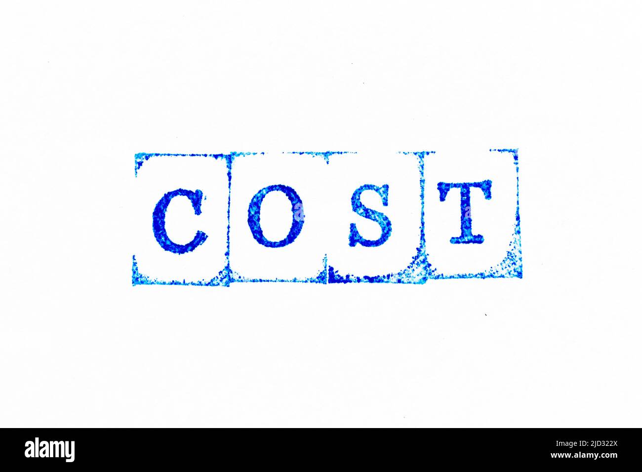 Blue color ink rubber stamp in word cost on white paper background ...