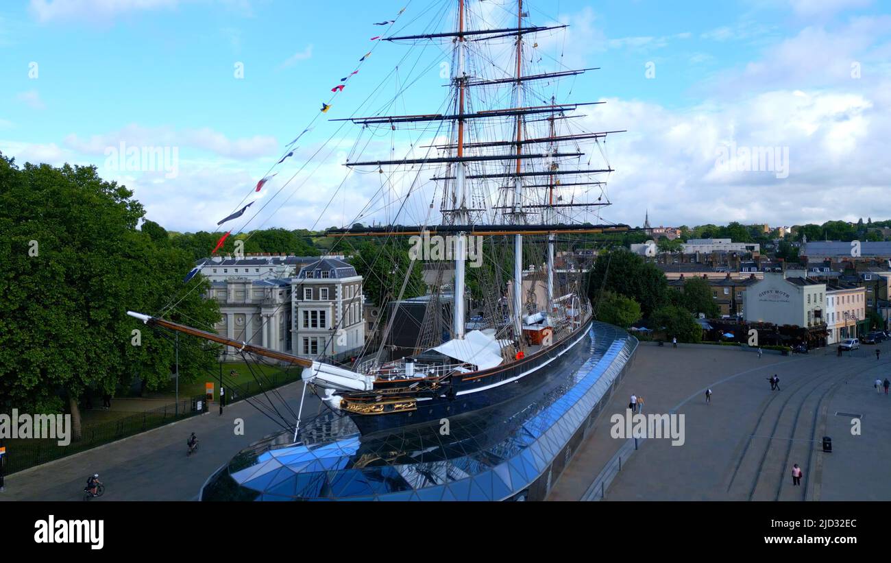Famous Cutty Sark Sailing ship in London Greenwich - aerial view ...