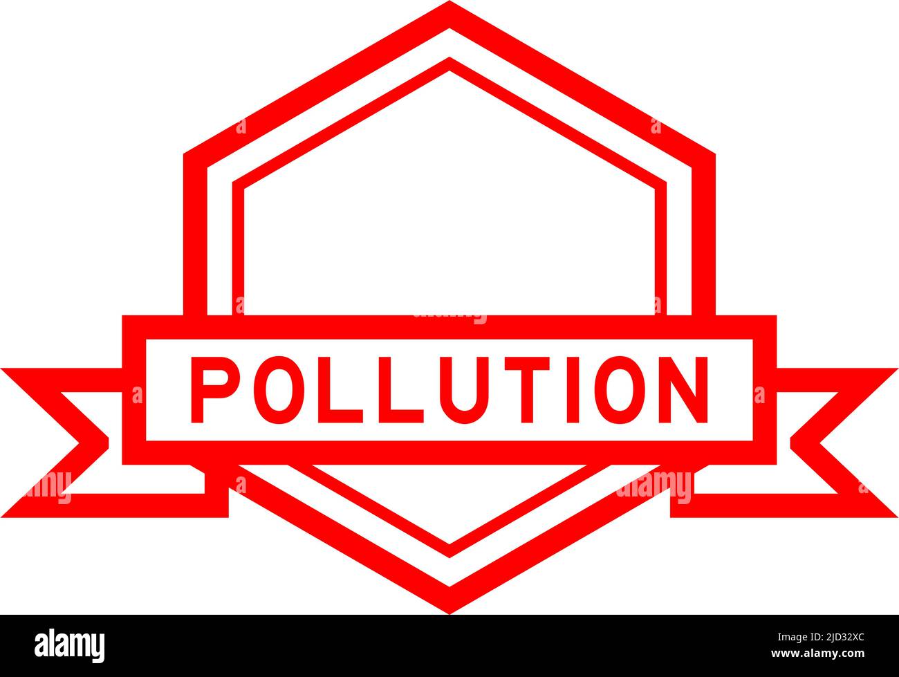 Vintage red color hexagon label banner with word pollution on white ...