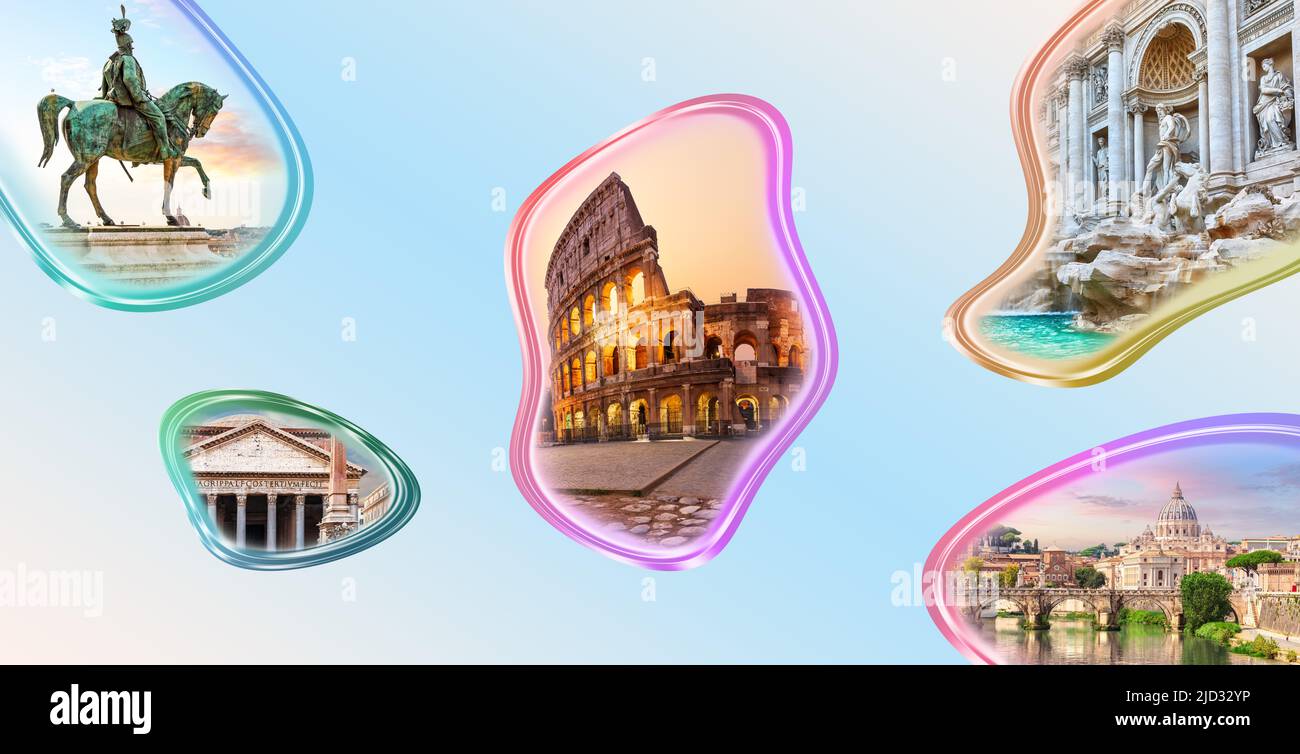 Roman Coliseum, Trevi Fountain, St. Peter Basilica in one collage of ...