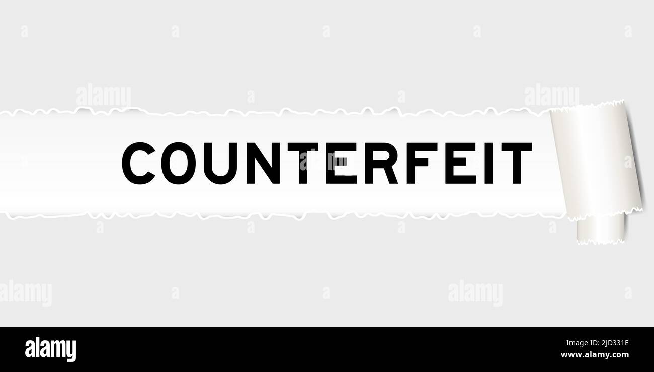 Ripped gray paper background that have word counterfeit under torn part ...