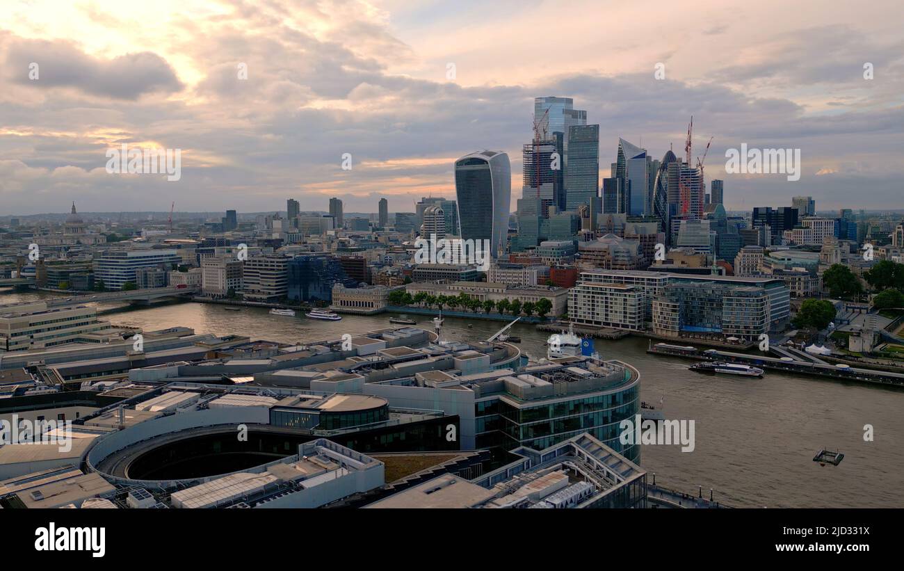 Aerial view over the City of London in the evening Stock Photo - Alamy