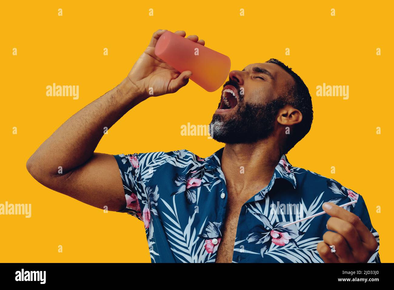 happy african american man wearing Hawaiian shirt with drinking empty ...