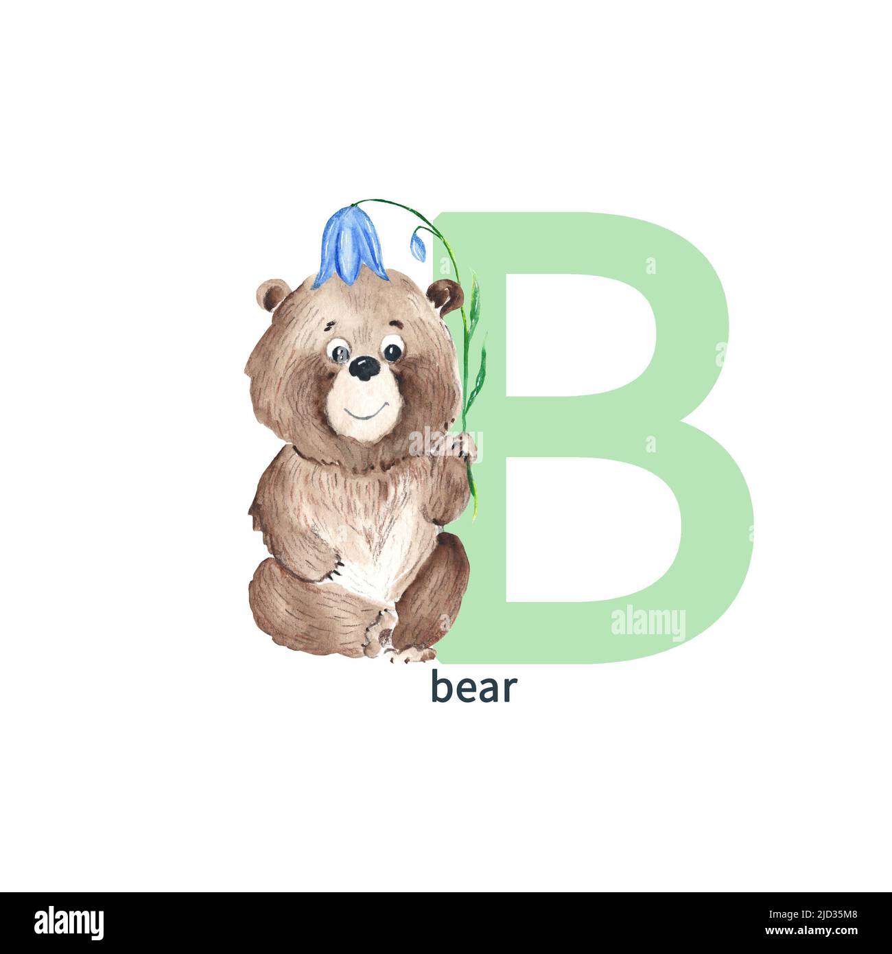 Letter B, baby bear with bellflower, cute kids colorful animals and ...