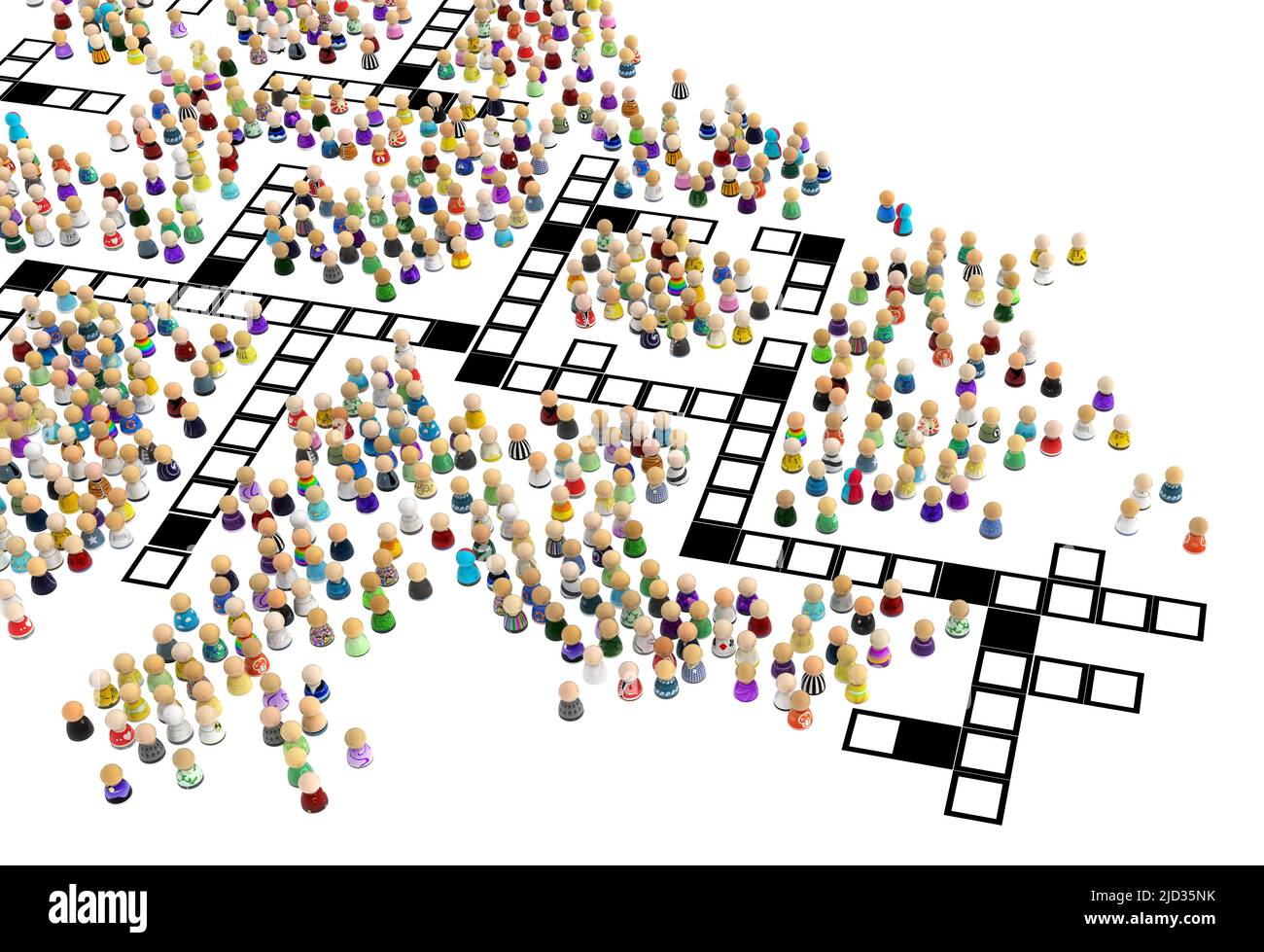 Crowd of small symbolic figures, cross word, 3d illustration ...