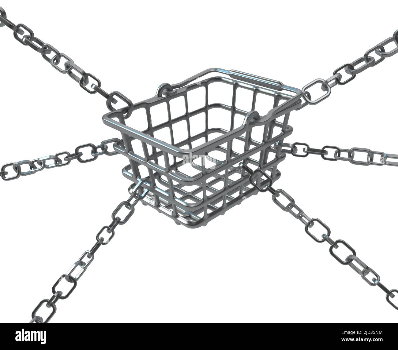 Shopping basket metal chains pull, 3d illustration, horizontal ...