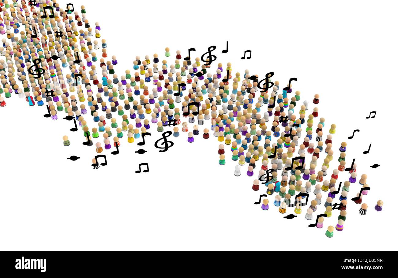 Crowd of small symbolic figures, melody notes, 3d illustration ...