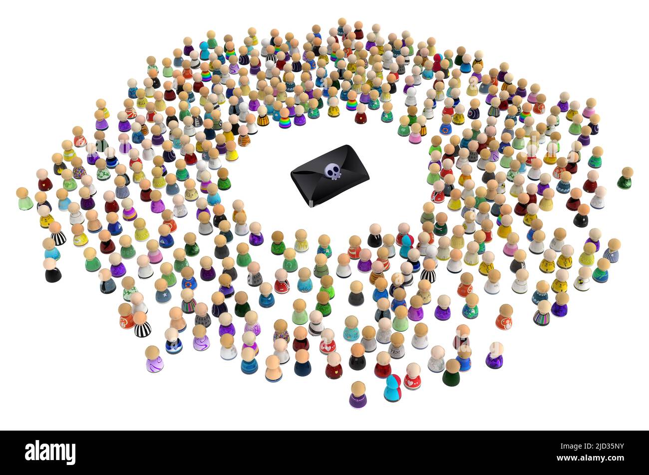 Crowd of small symbolic figures, black mail letter, 3d illustration ...