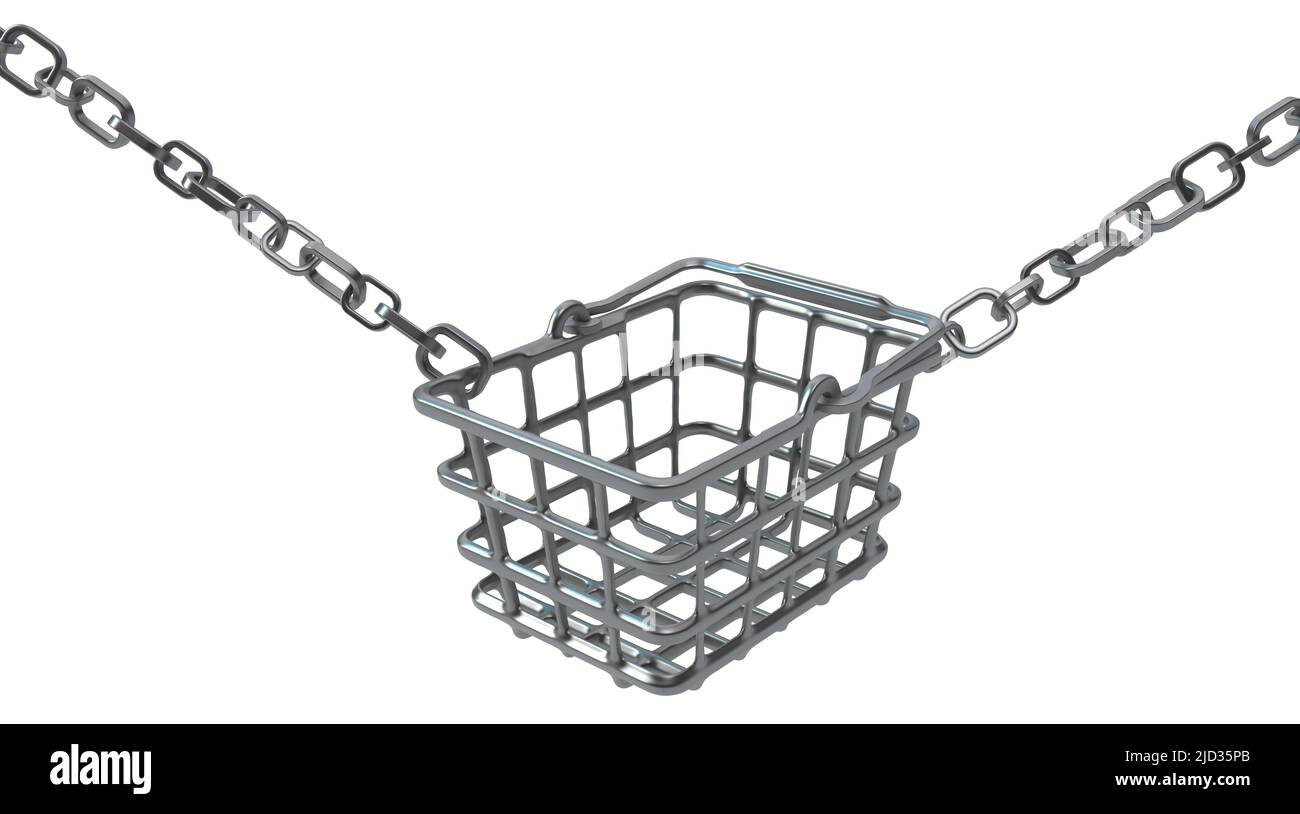 Shopping basket metal chains suspend, 3d illustration, horizontal ...