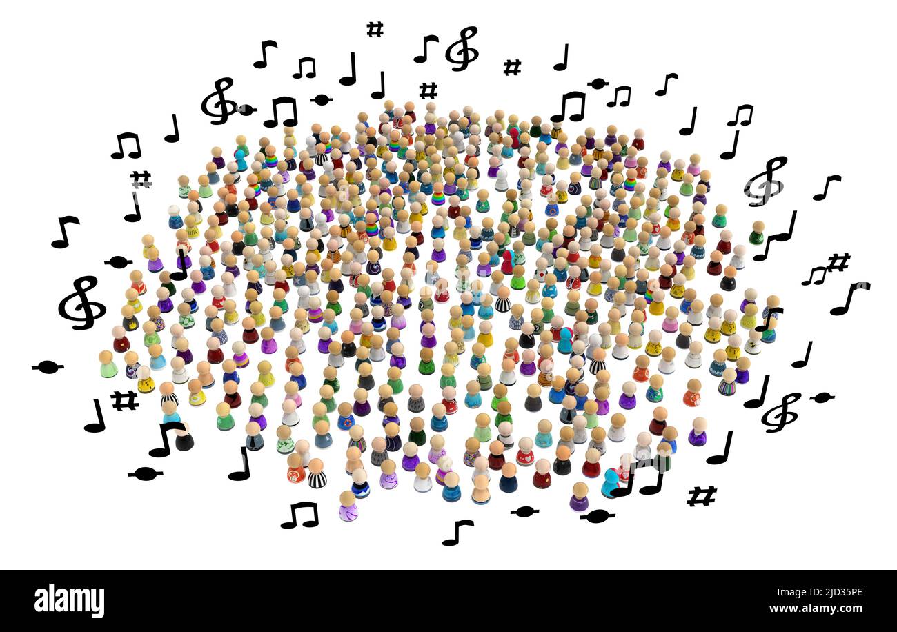 Crowd of small symbolic figures, music surround, 3d illustration ...