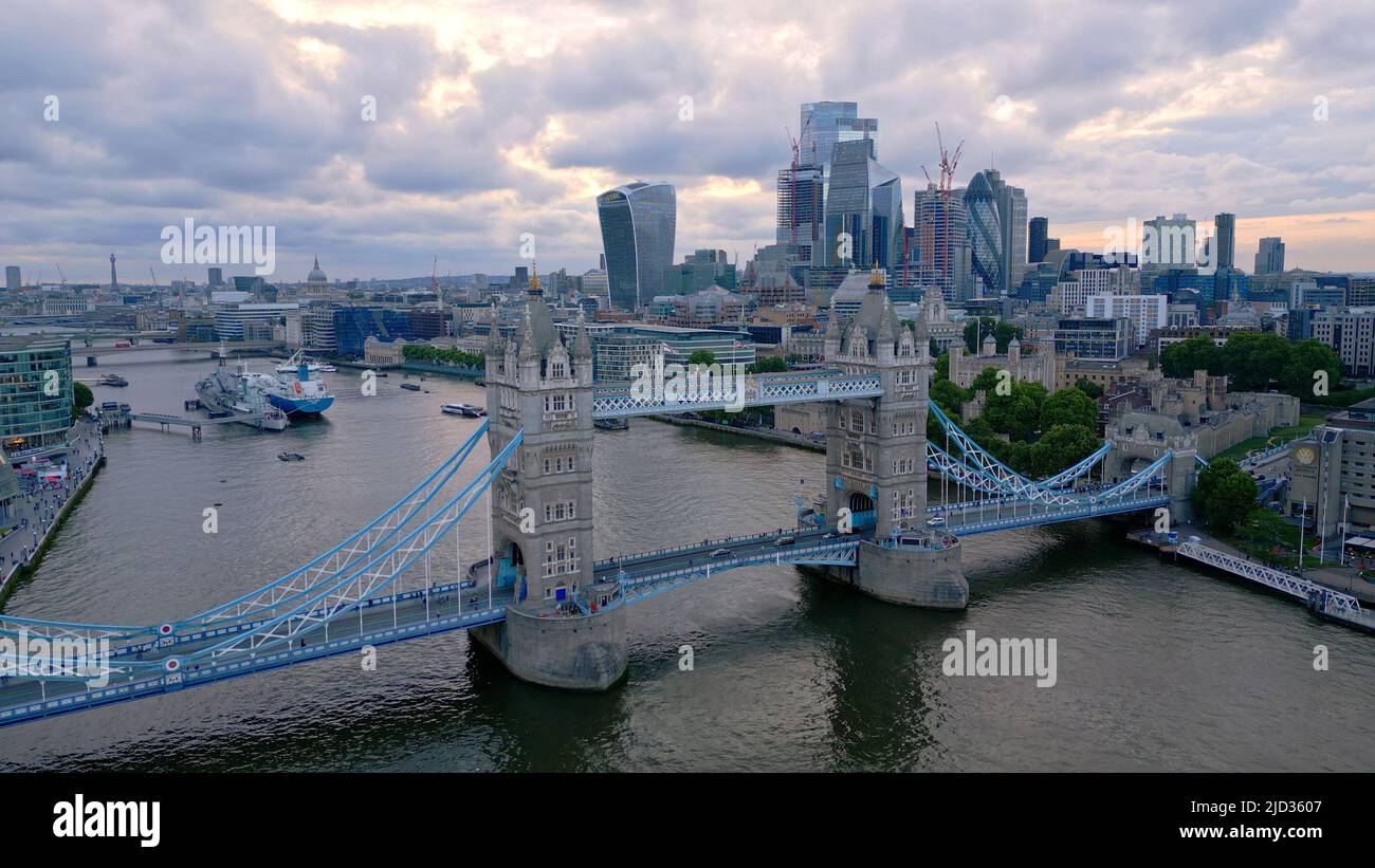 Aerial view over Tower Bridge and River Thames in London Stock Photo ...
