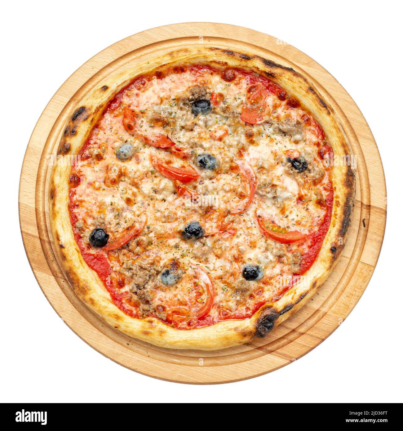 Delicious pizza served on wooden plate isolated on white background ...