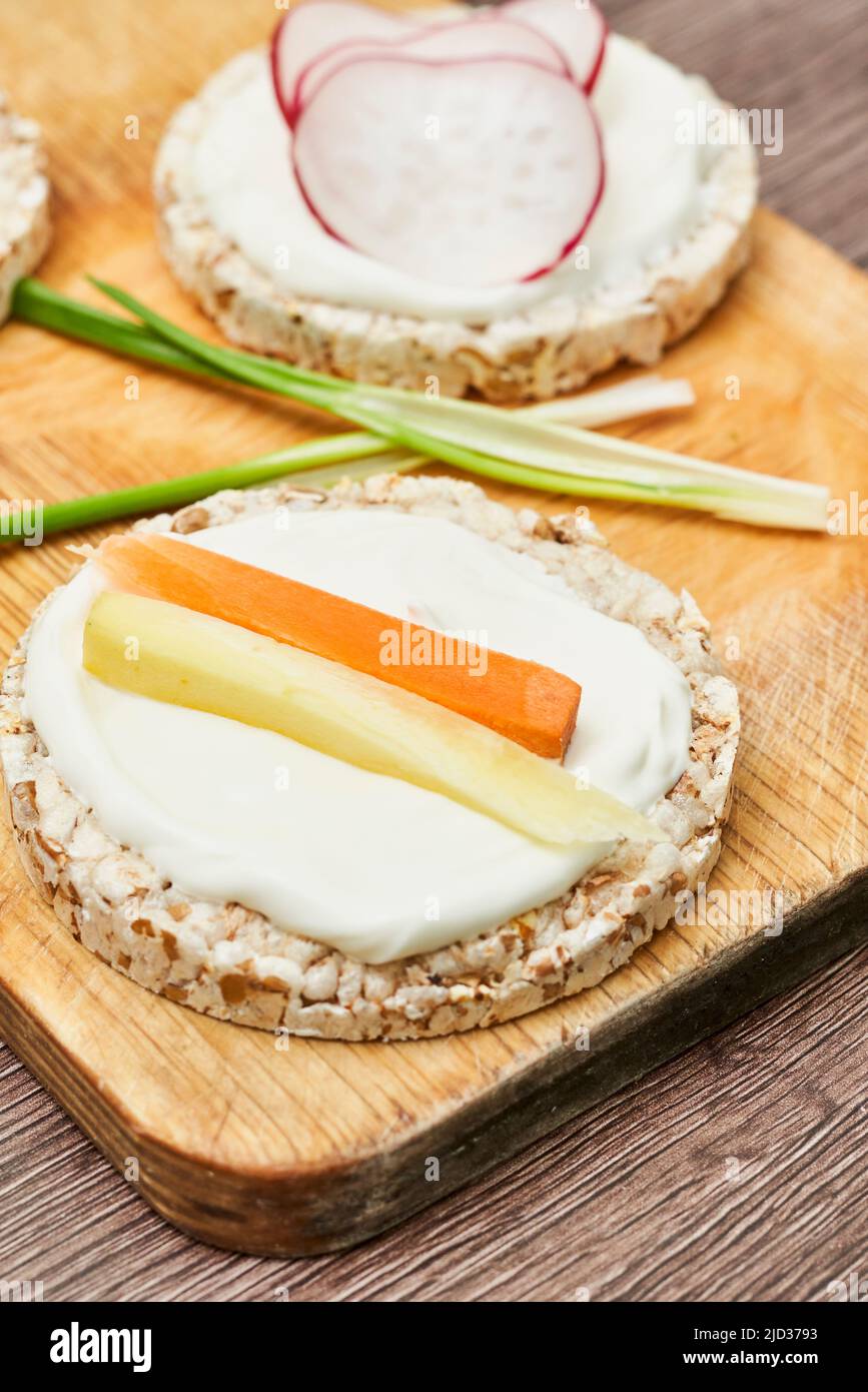 Stack of rice cakes on white background. Top view Stock Photo - Alamy