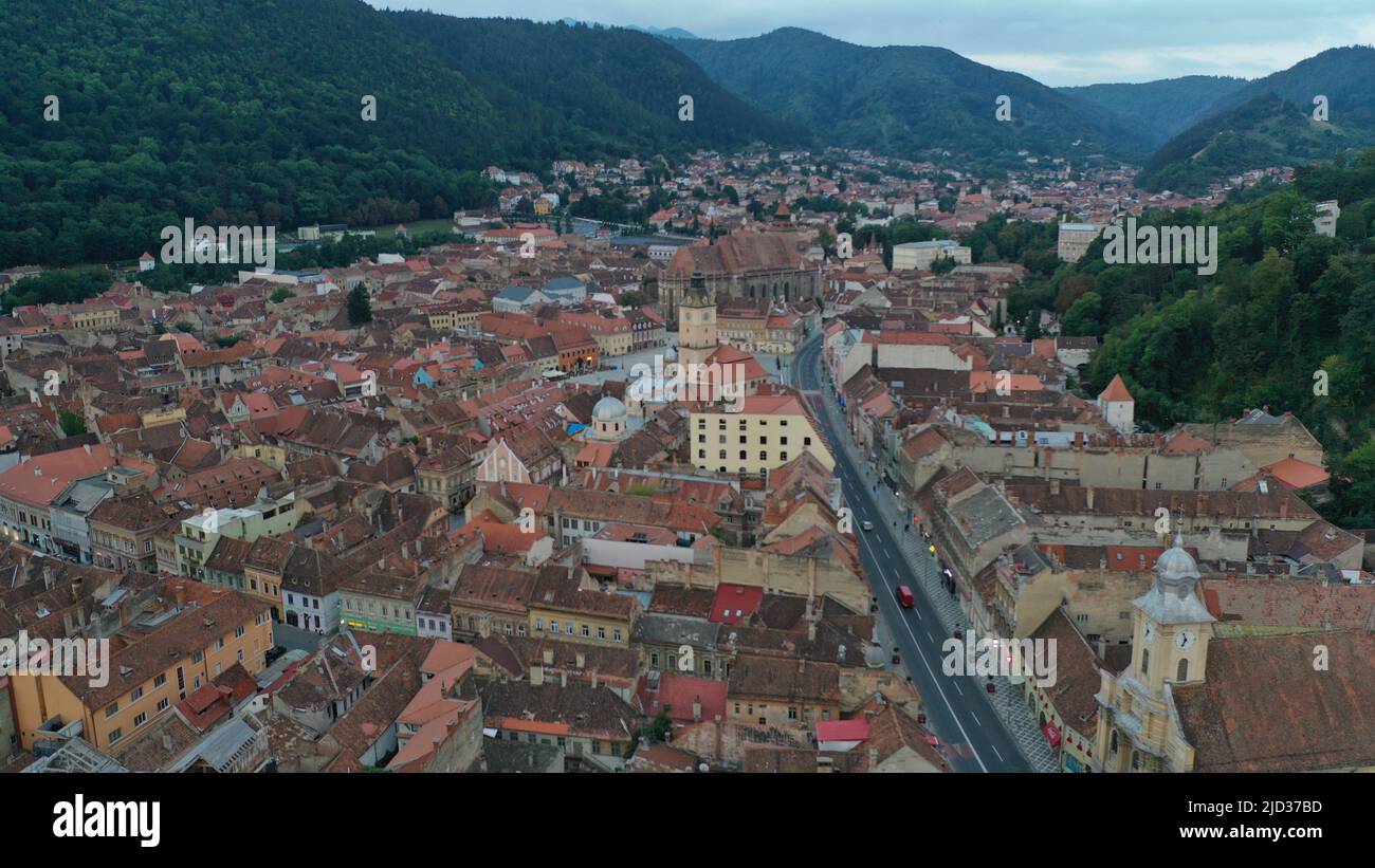Drone top aerial view of Brasov town in Transylvania, Romania with ...