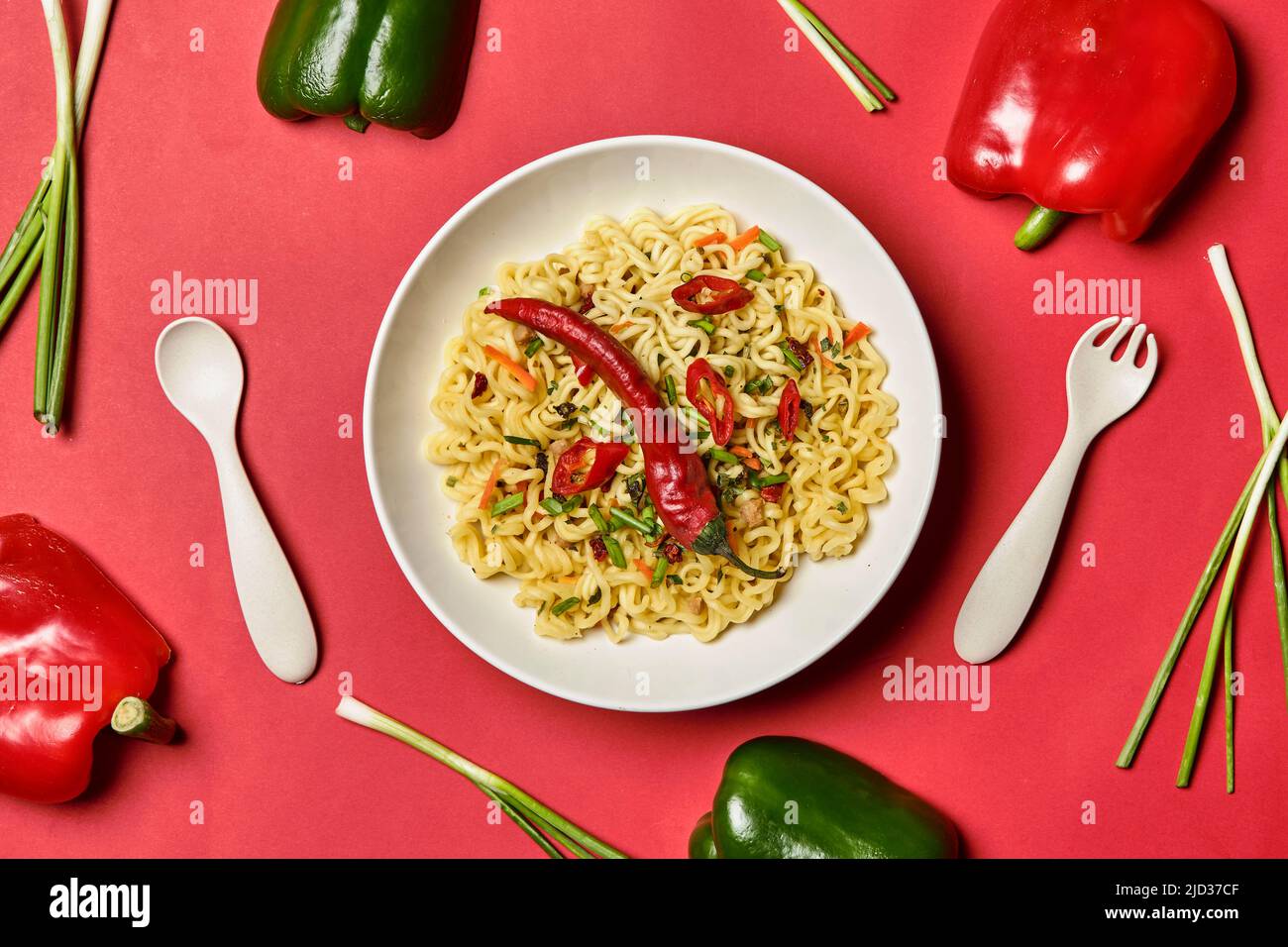 Instant noodles composition. Noodles and fresh vegetables and spices on ...