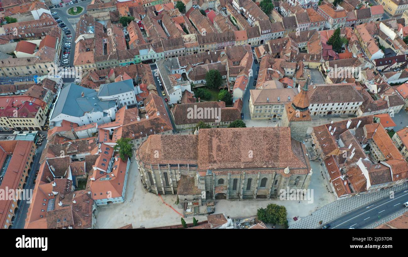 Drone top aerial view of Brasov town in Transylvania, Romania with ...