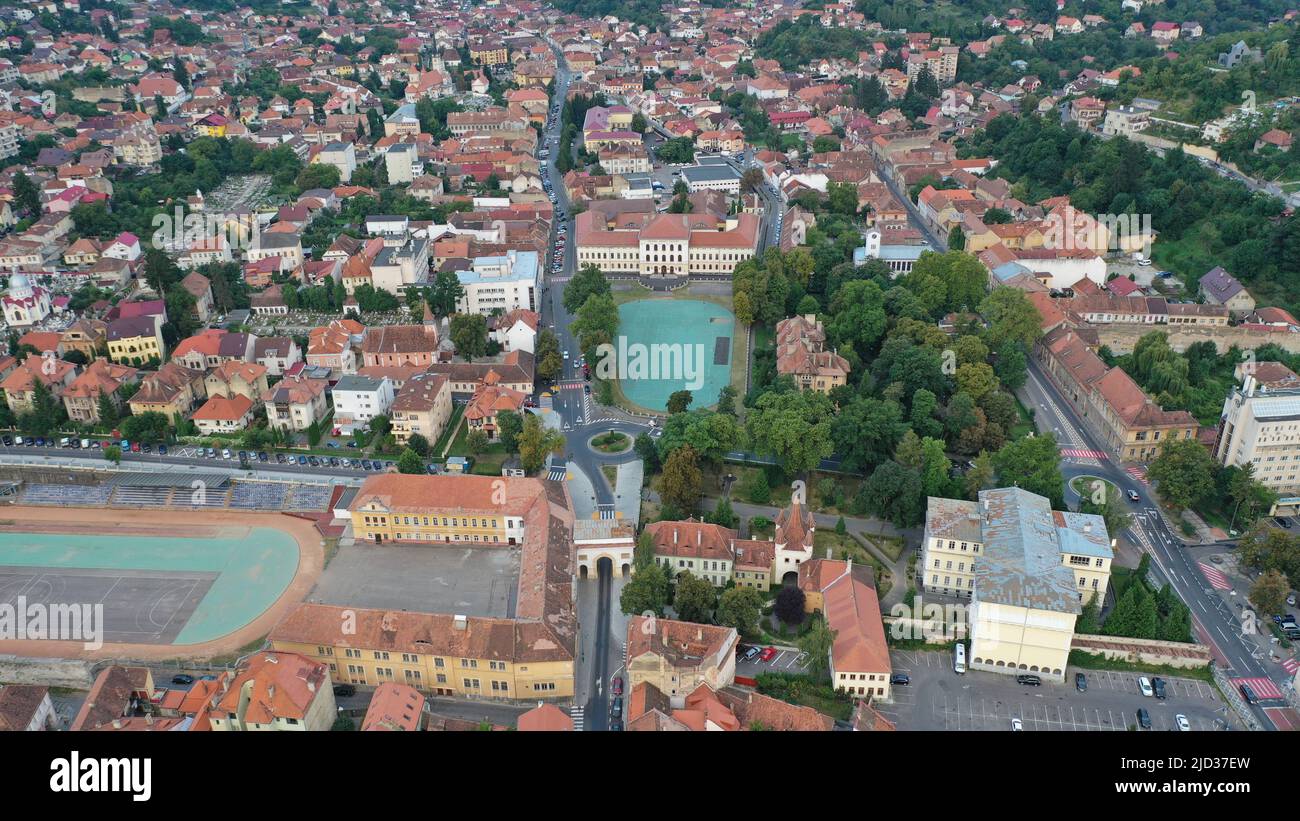 Drone top aerial view of Brasov town in Transylvania, Romania with ...