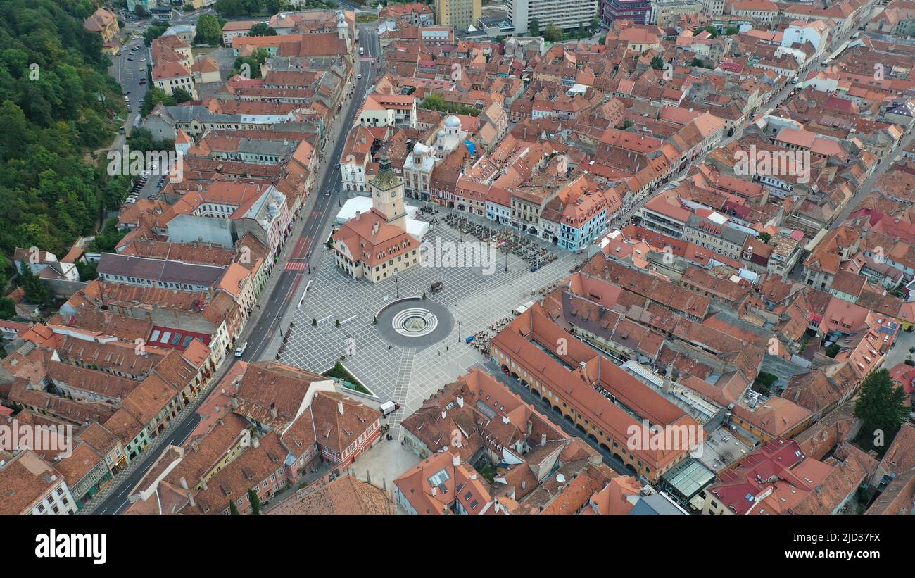 Drone top aerial view of Brasov town in Transylvania, Romania with ...