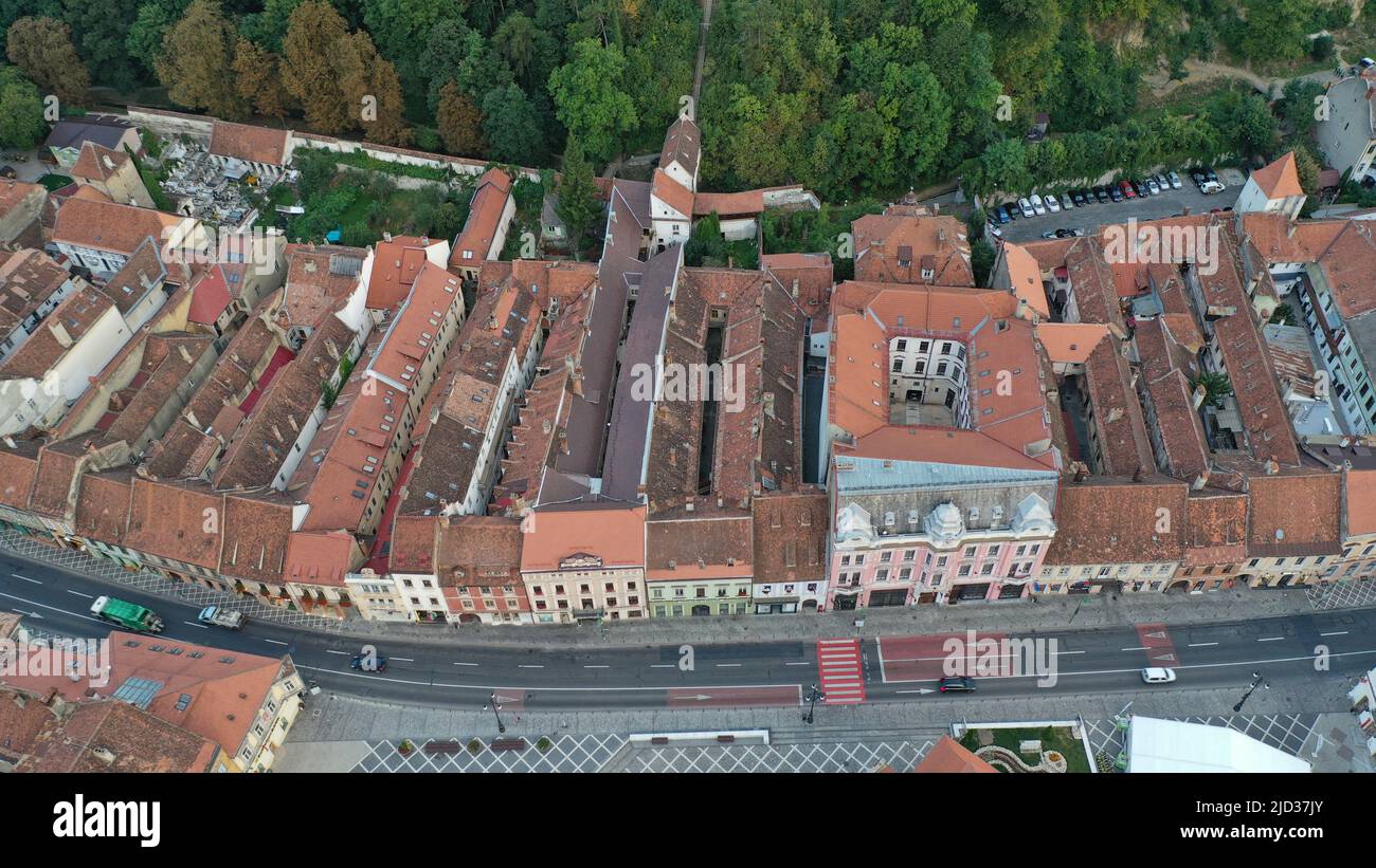 Drone top aerial view of Brasov town in Transylvania, Romania with ...