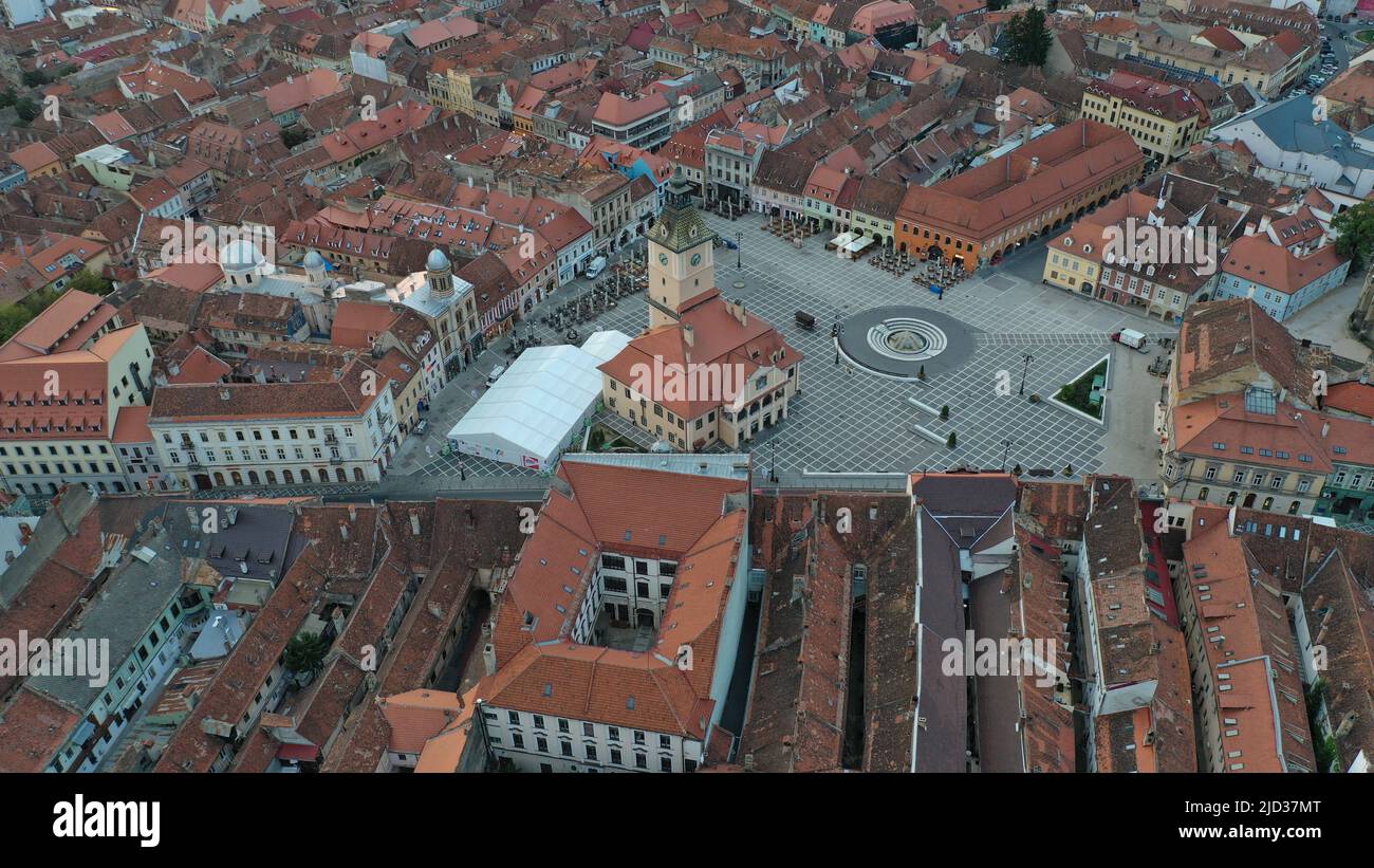 Drone top aerial view of Brasov town in Transylvania, Romania with ...