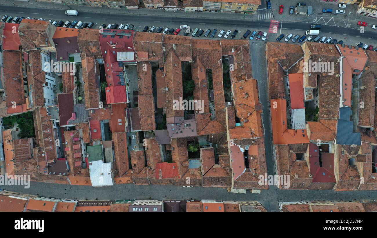 Drone top aerial view of Brasov town in Transylvania, Romania with ...