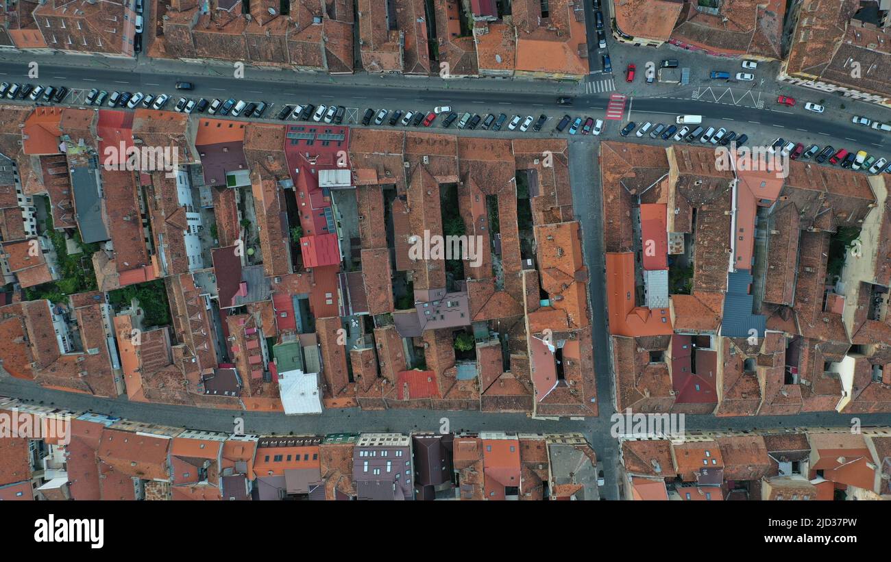 Drone top aerial view of Brasov town in Transylvania, Romania with ...