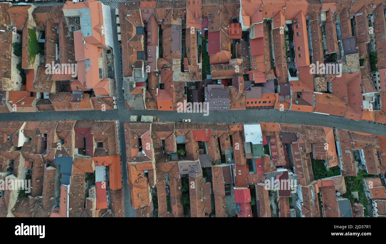 Drone top aerial view of Brasov town in Transylvania, Romania with ...