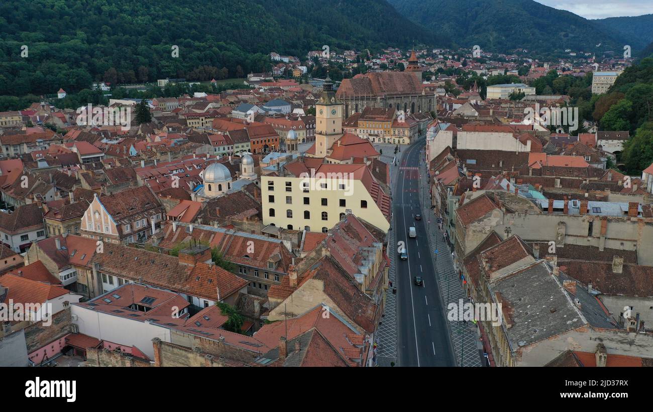 Drone top aerial view of Brasov town in Transylvania, Romania with ...