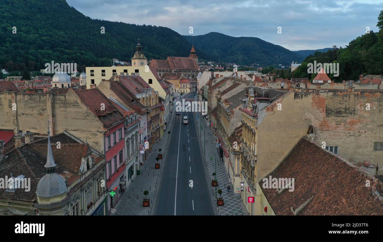 Drone top aerial view of Brasov town in Transylvania, Romania with ...