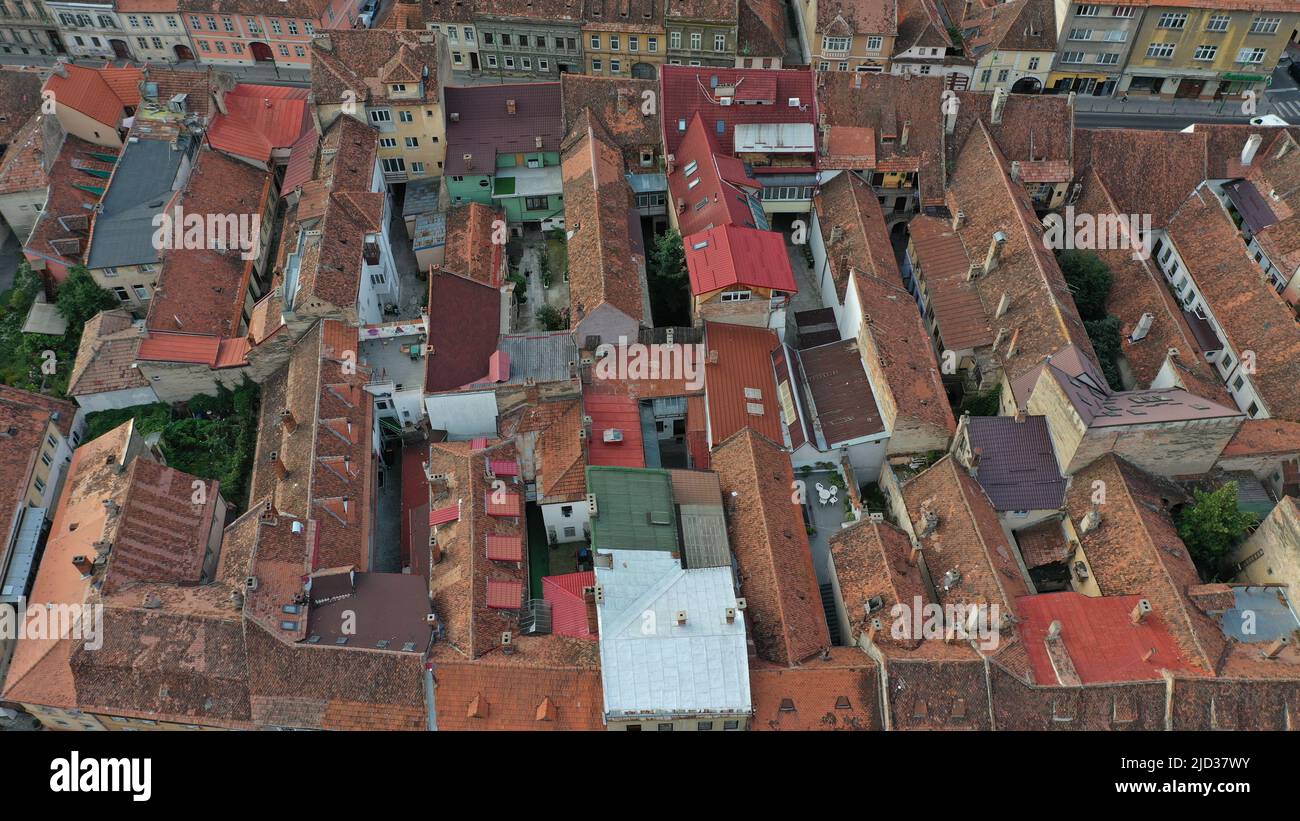Drone top aerial view of Brasov town in Transylvania, Romania with ...