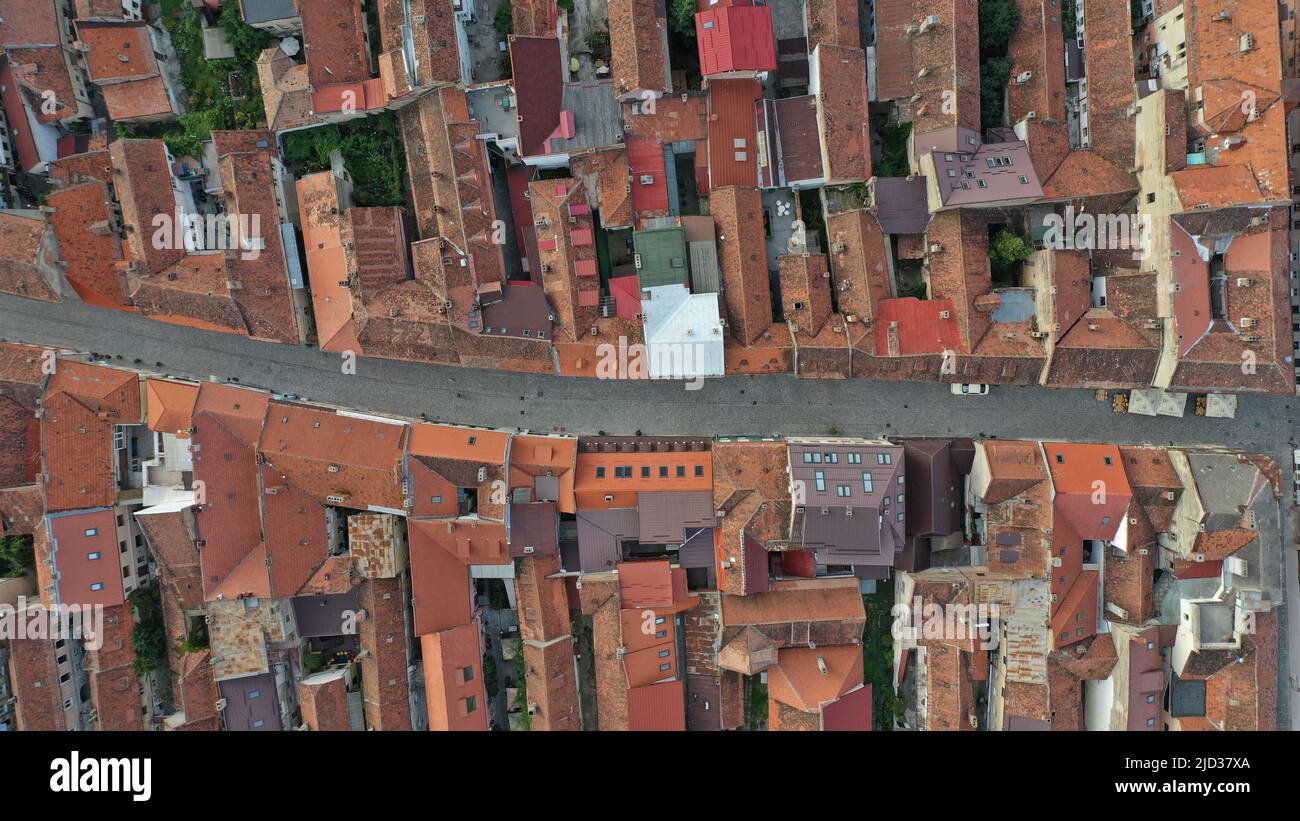 Drone top aerial view of Brasov town in Transylvania, Romania with ...