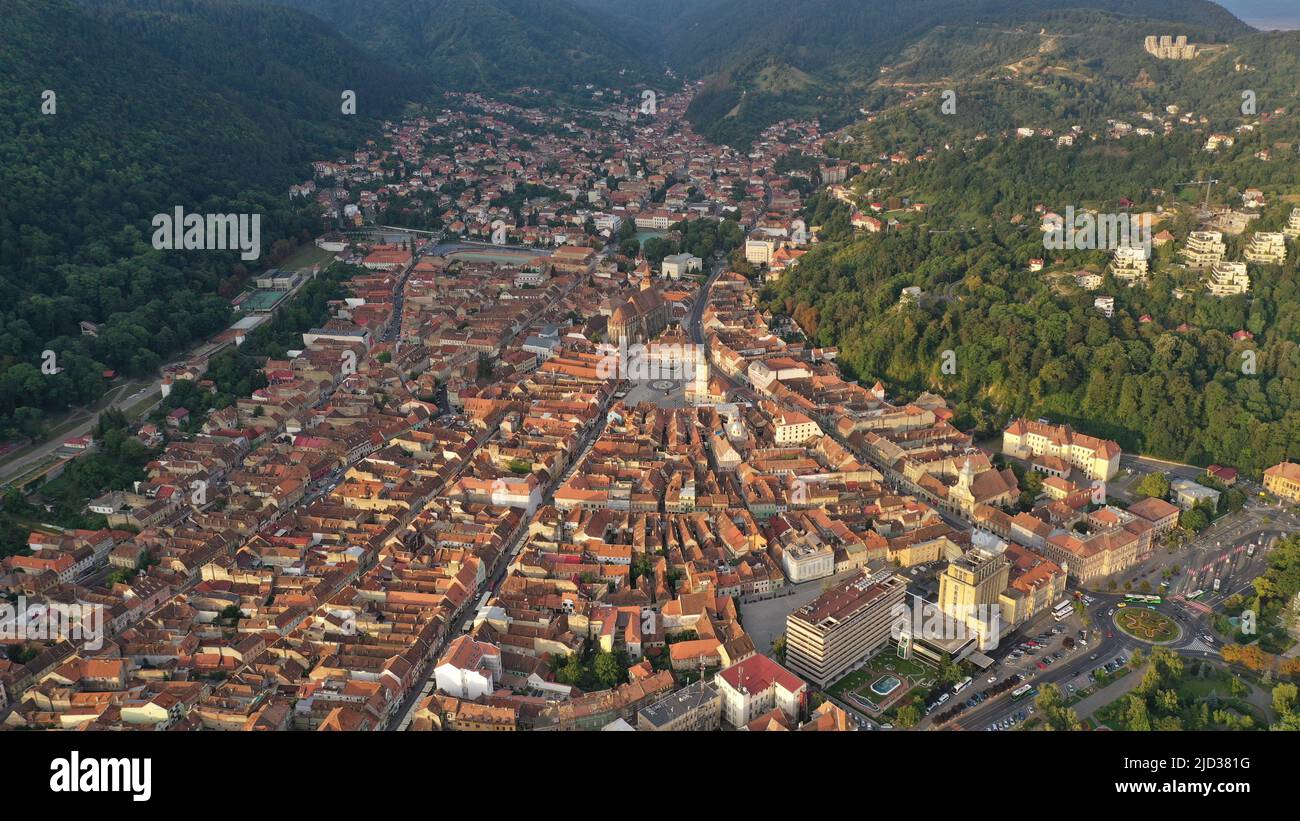 Drone top aerial view of Brasov town in Transylvania, Romania with ...